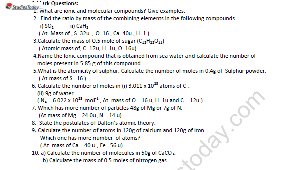 CBSE Class 9 Science Atoms and Molecules Worksheet Set G